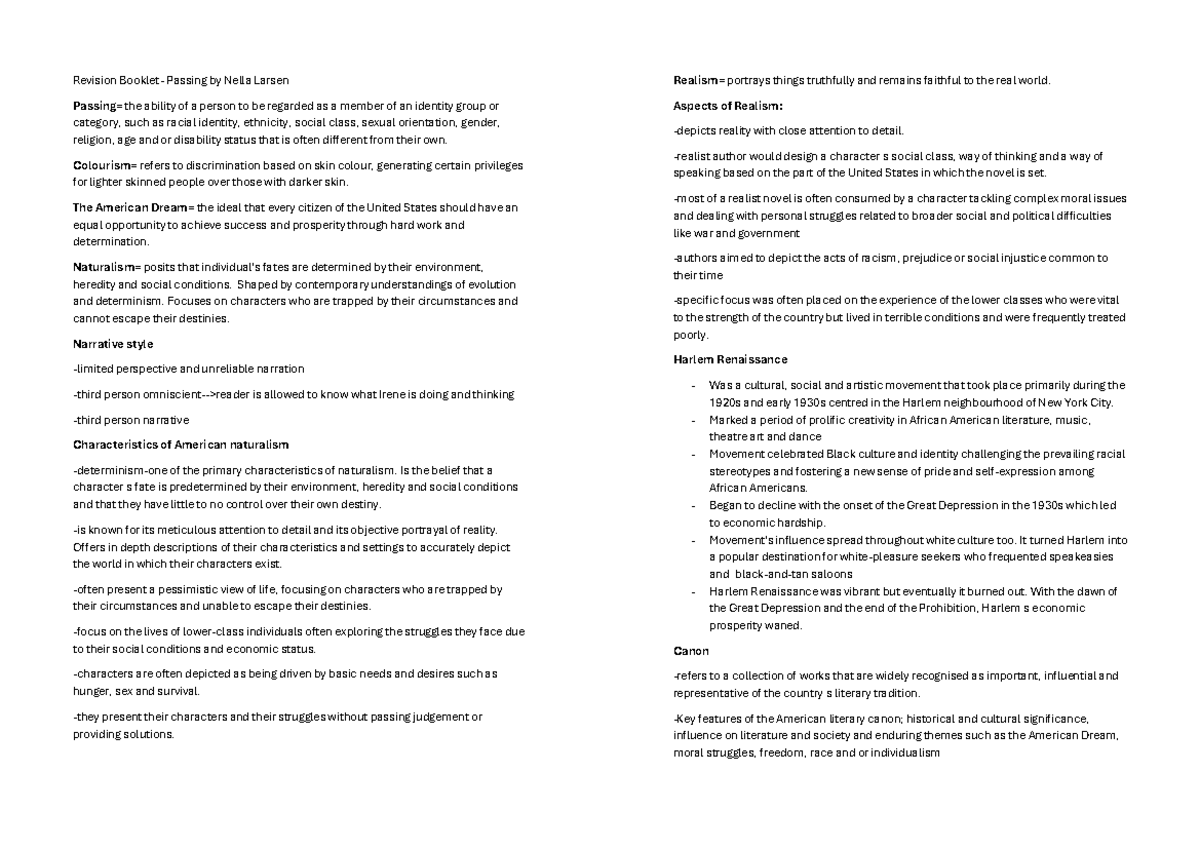Passing (ENG 202) - Revision Notes on Nella Larsen's Themes and Style ...