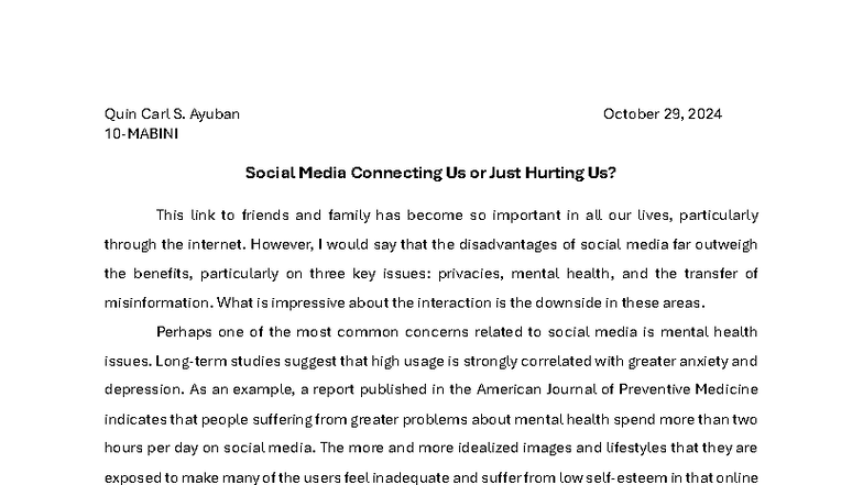 SOC 101: Argumentative Essay on Social Media's Impact - Studocu
