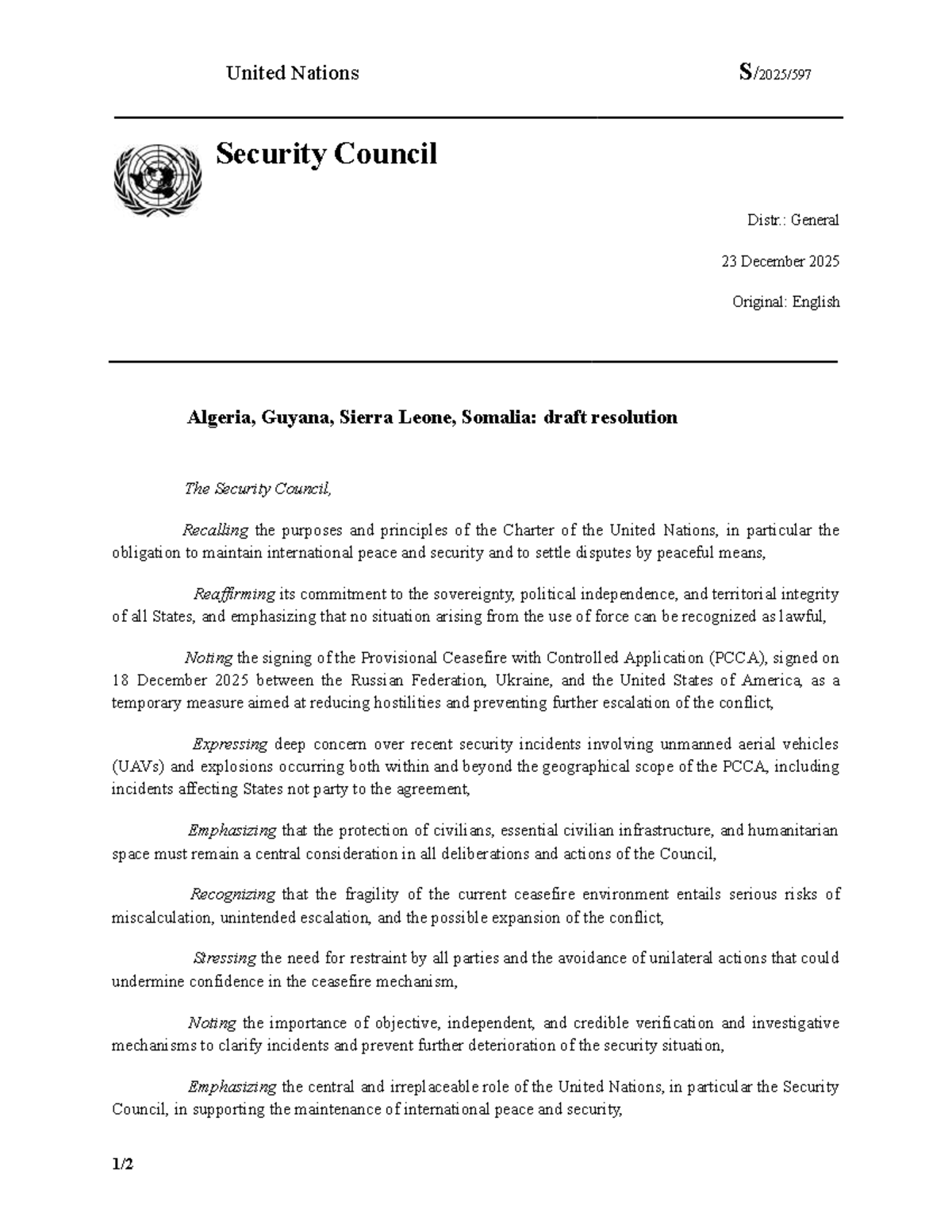 UNSC Draft Resolution: Algeria, Guyana, Sierra Leone, Somalia - Studocu