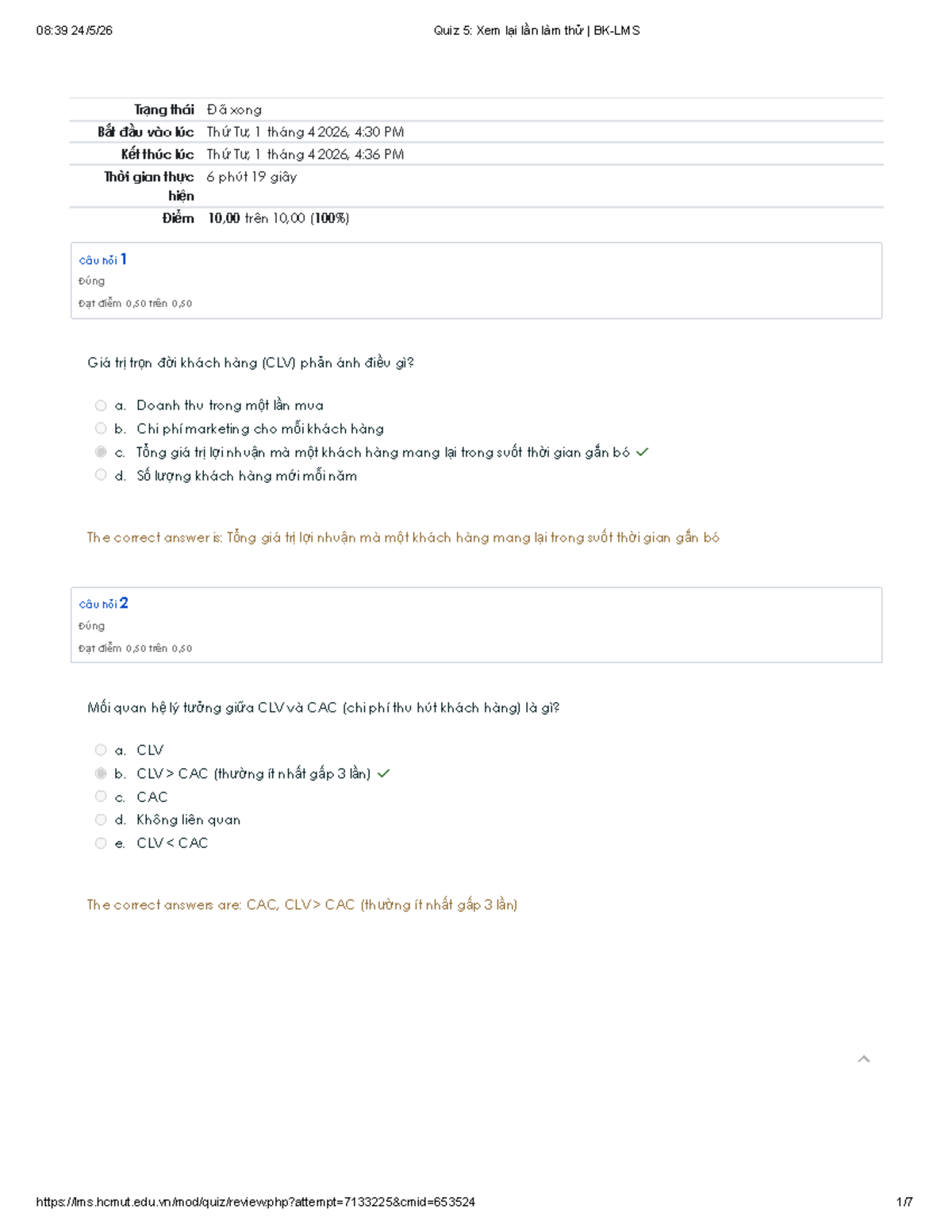 Quiz 5 Review: CLV, CAC, and IRR Concepts BK-LMS - Studocu
