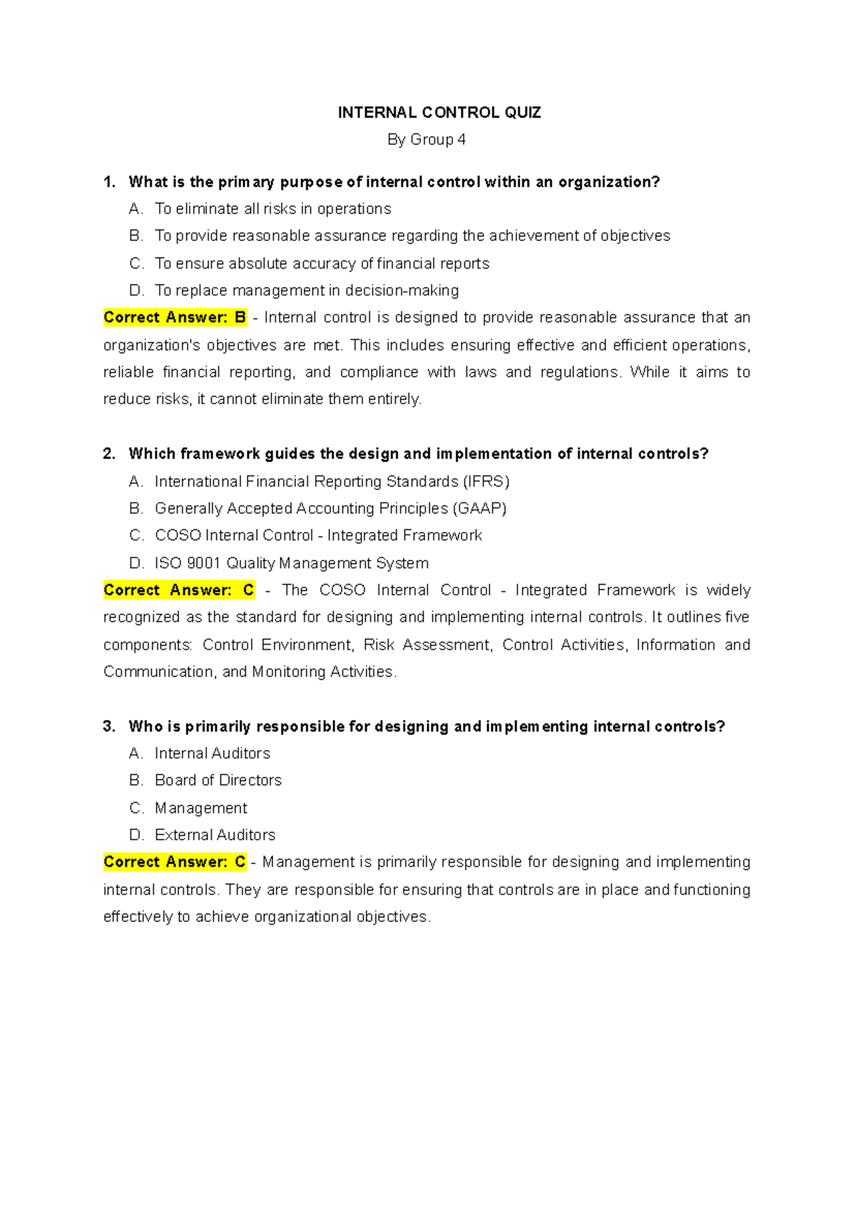 Group 4 Quiz on Internal Control Concepts and Practices - Studocu