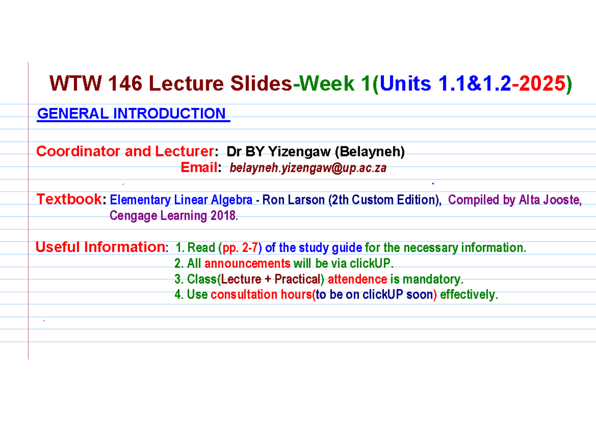WTW 146 Lecture 1: General Introduction to Linear Algebra - Studocu