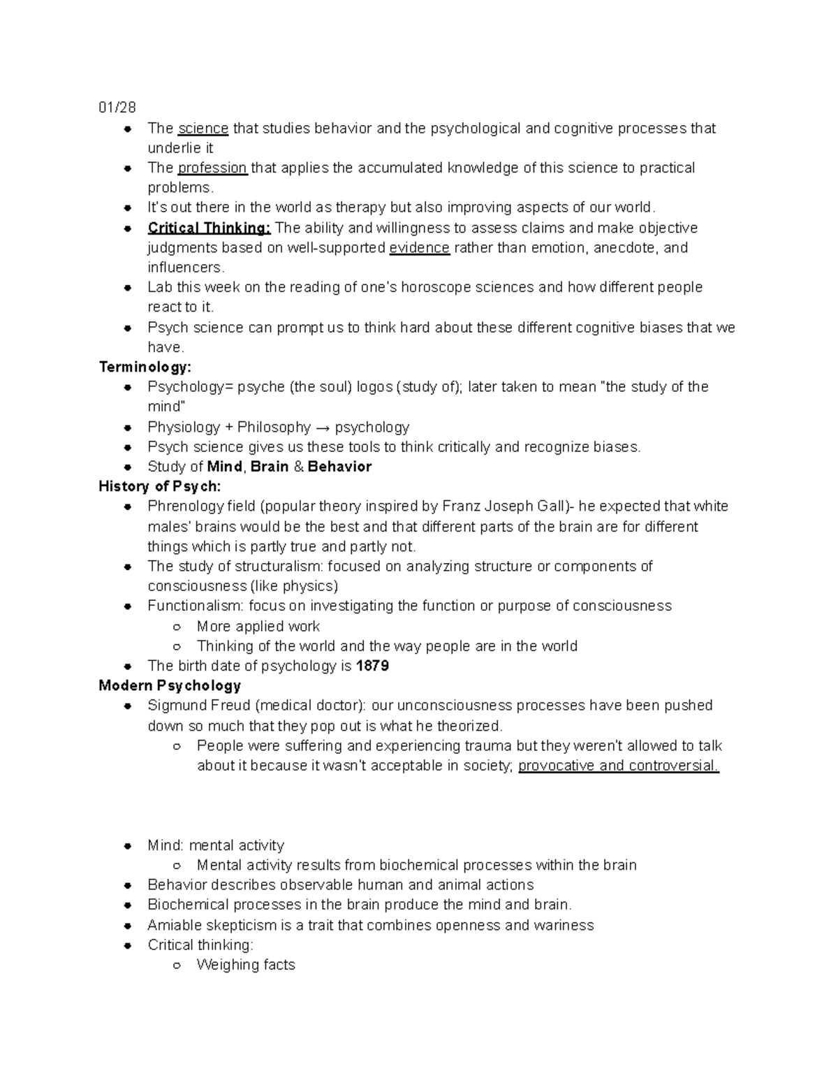 Intro to Psych Notes - 01/ The science that studies behavior and the ...