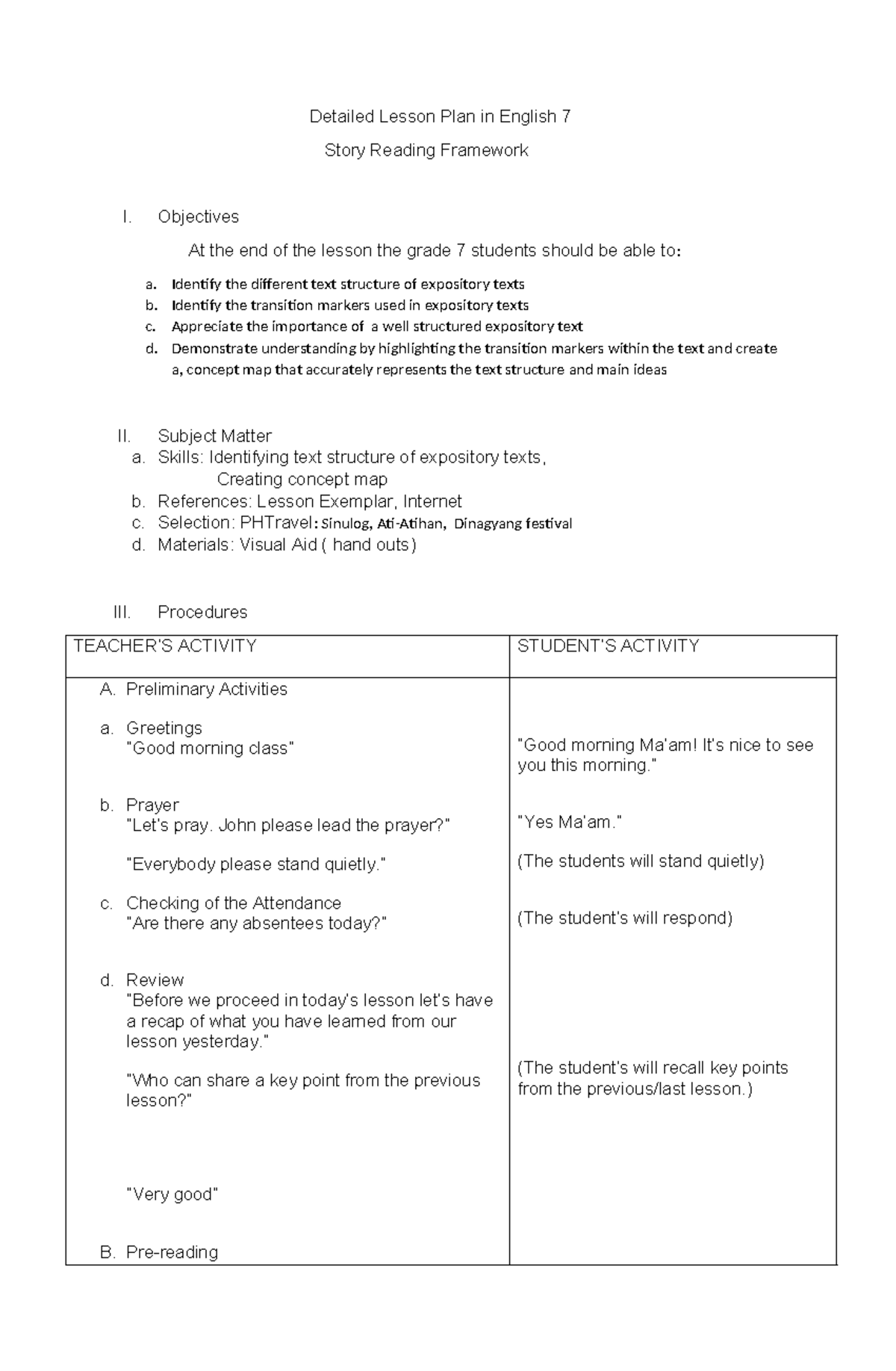 Detailed Lesson Plan: English 7 - Expository Text Structures and ...