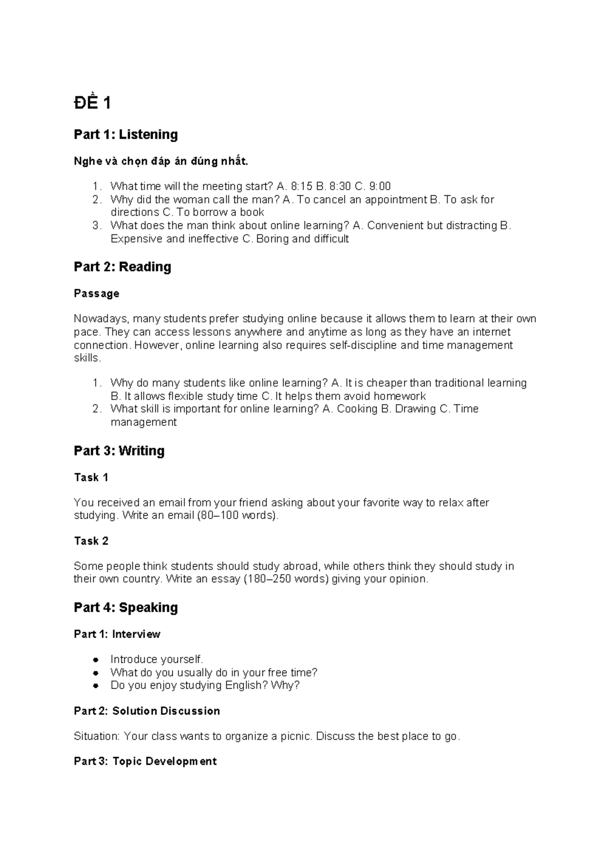 Vstep ĐỀ 1 - Listening, Reading, Writing, Speaking Practice - Studocu