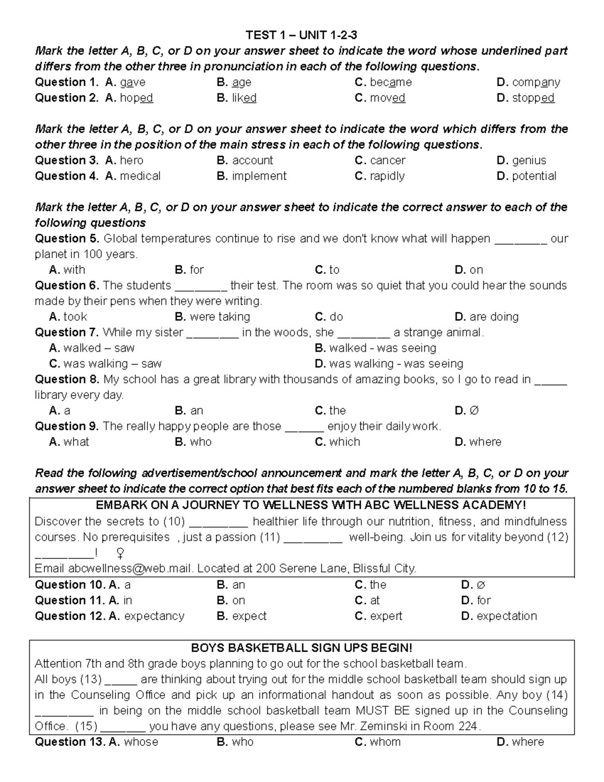 E12 - Vocabulary & Exercises: Test Units 1-2-3 Review - Studocu