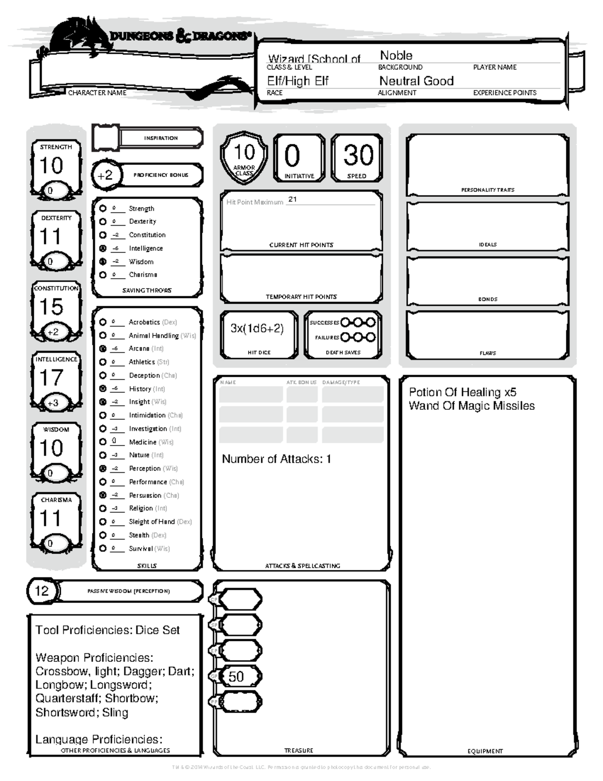 Wizard Character Sheet: Noble Elf Divination (3) - Studocu