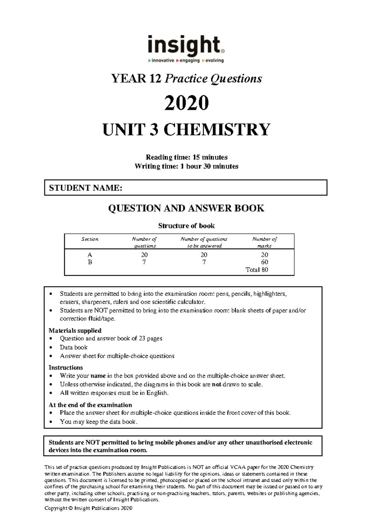 2020 Year 12 Unit 3 Chemistry Practice Questions & Answers - Studocu