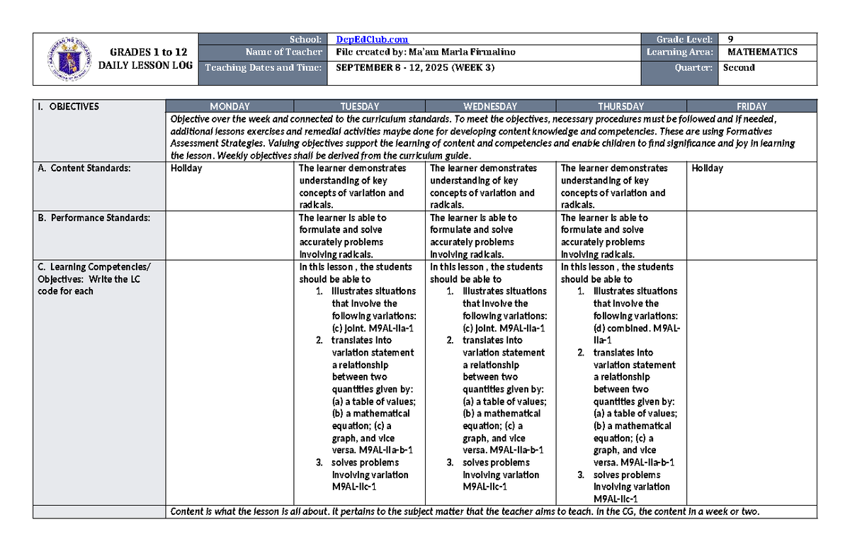 DLL Mathematics 9 Q2 Week 3 Daily Lesson Log - Studocu