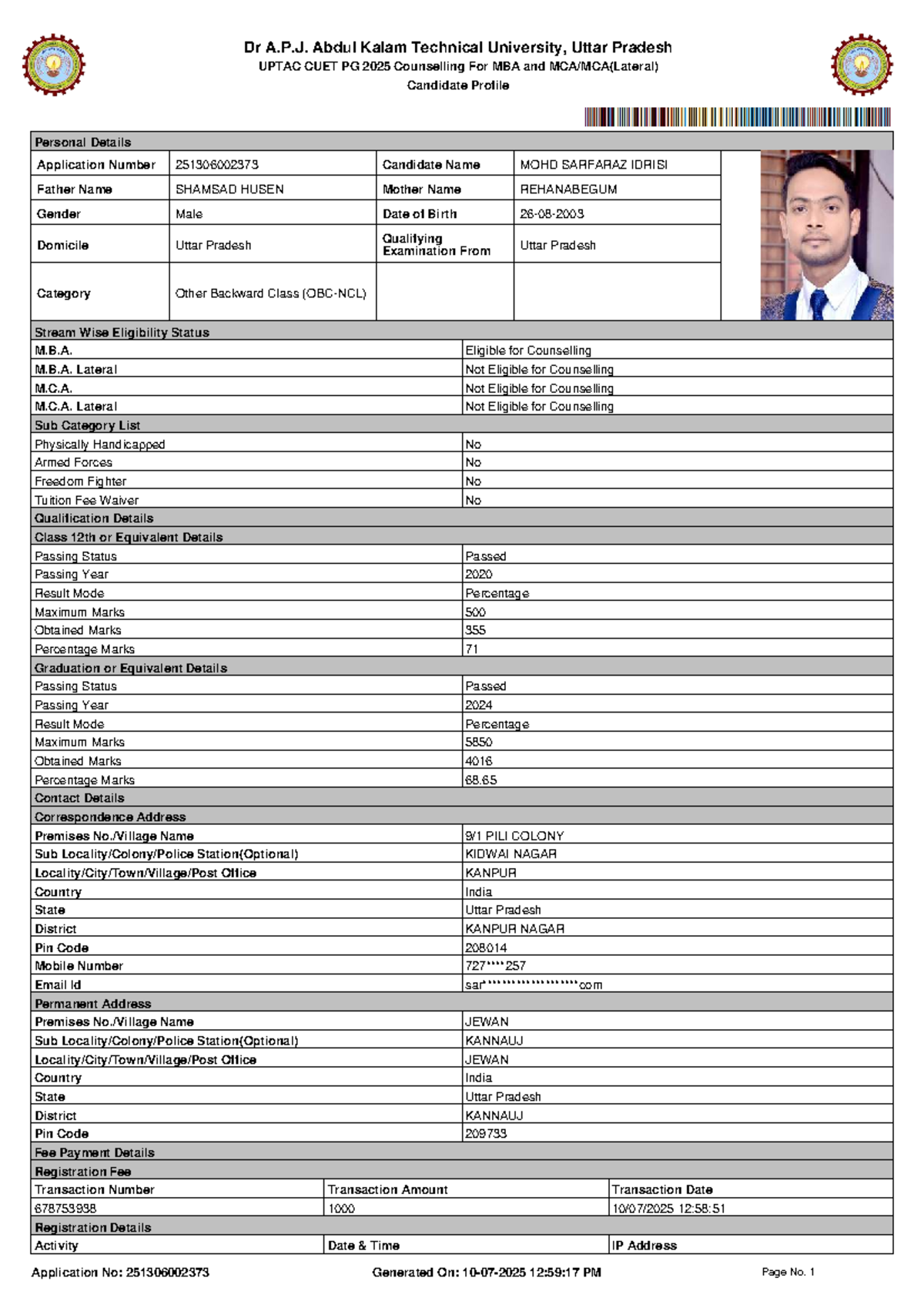 UPTAC CUET PG 2025 MBA Counselling Candidate Profile - 251306002373 ...