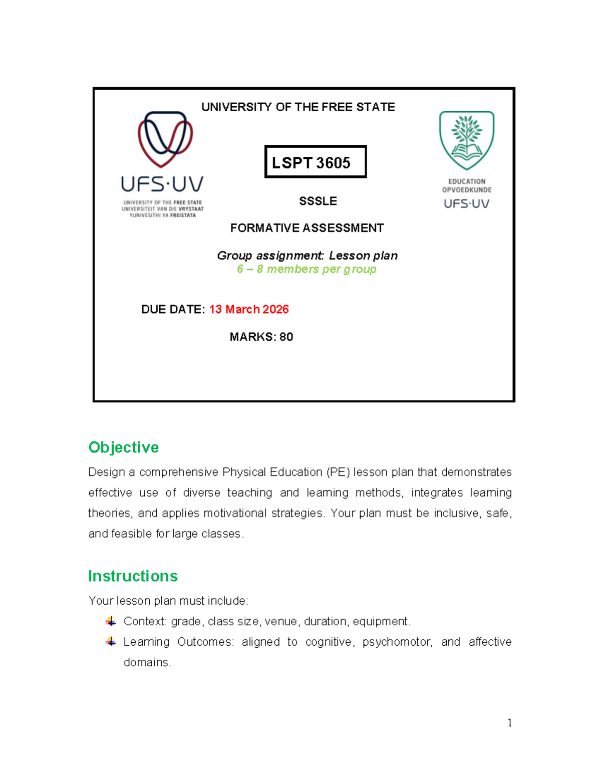 LSPT 3605 Formative Assessment: Comprehensive PE Lesson Plan - Studocu