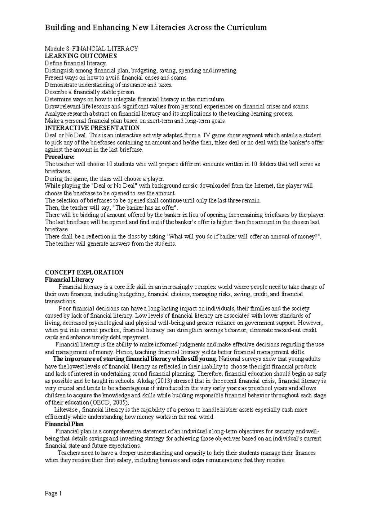 Building and Enhancing Financial Literacy: Module 8 Learning Outcomes ...