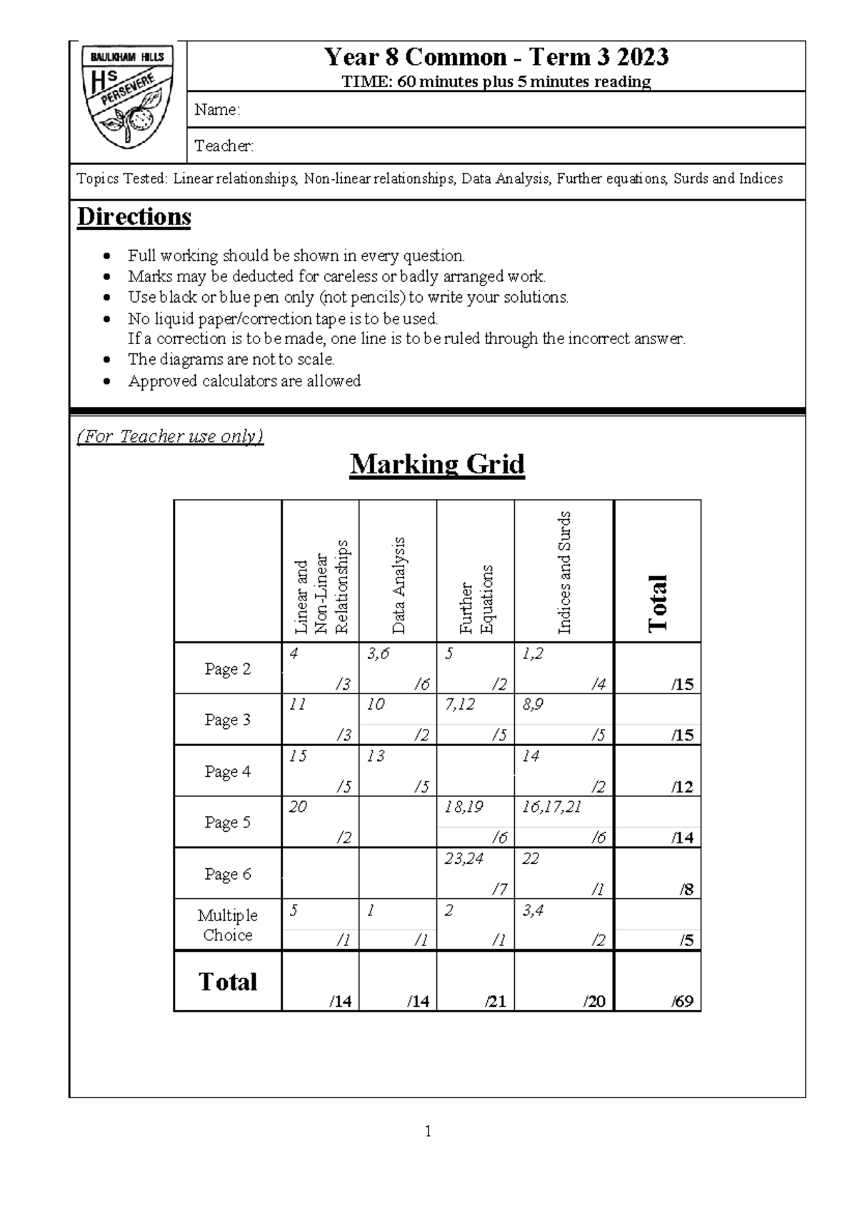Year 8 Math T3 2023 - Practice Exam on Linear Relationships & Data ...