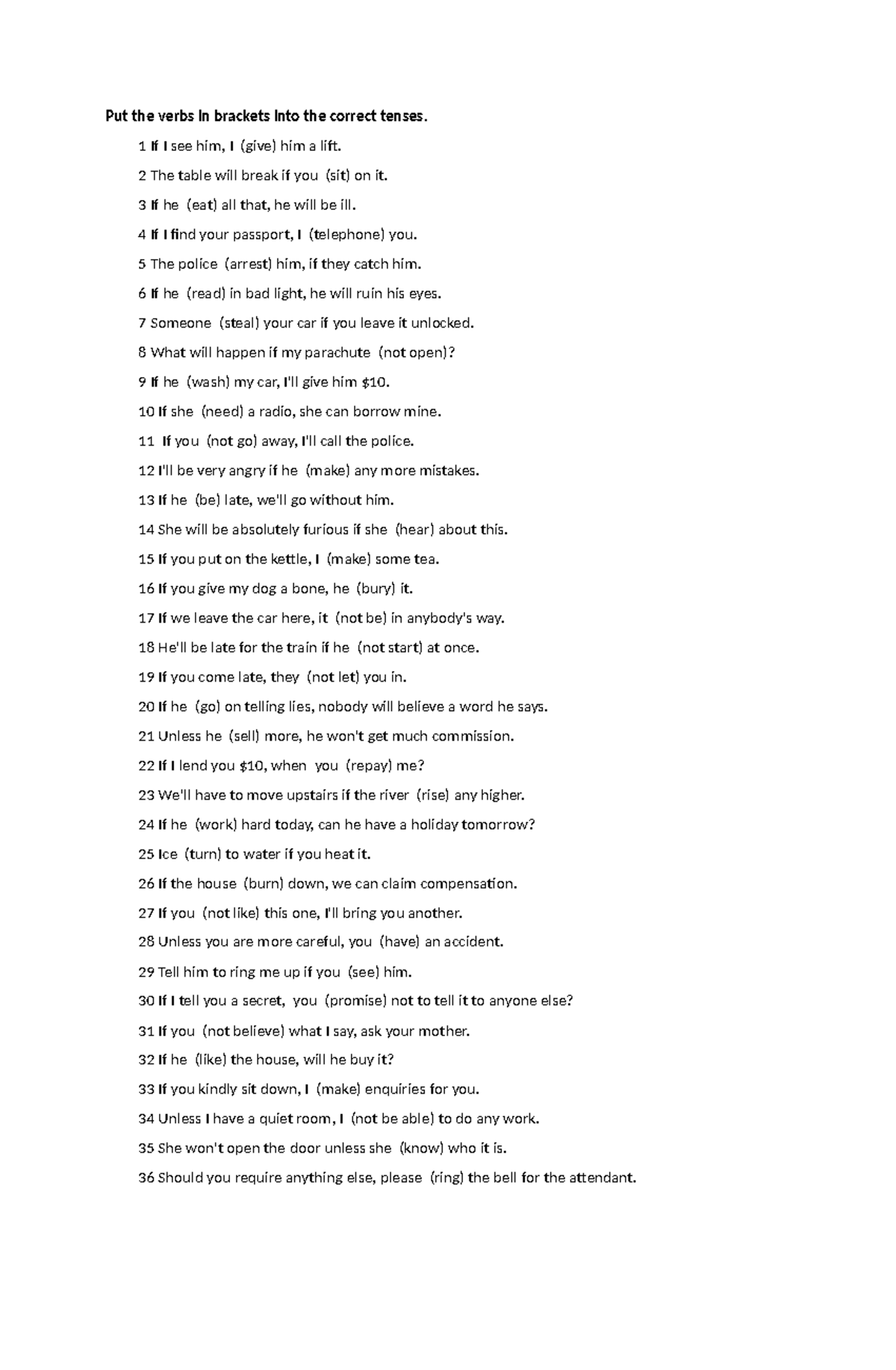 ZERO & First Conditional Verb Exercises for Practice - Studocu