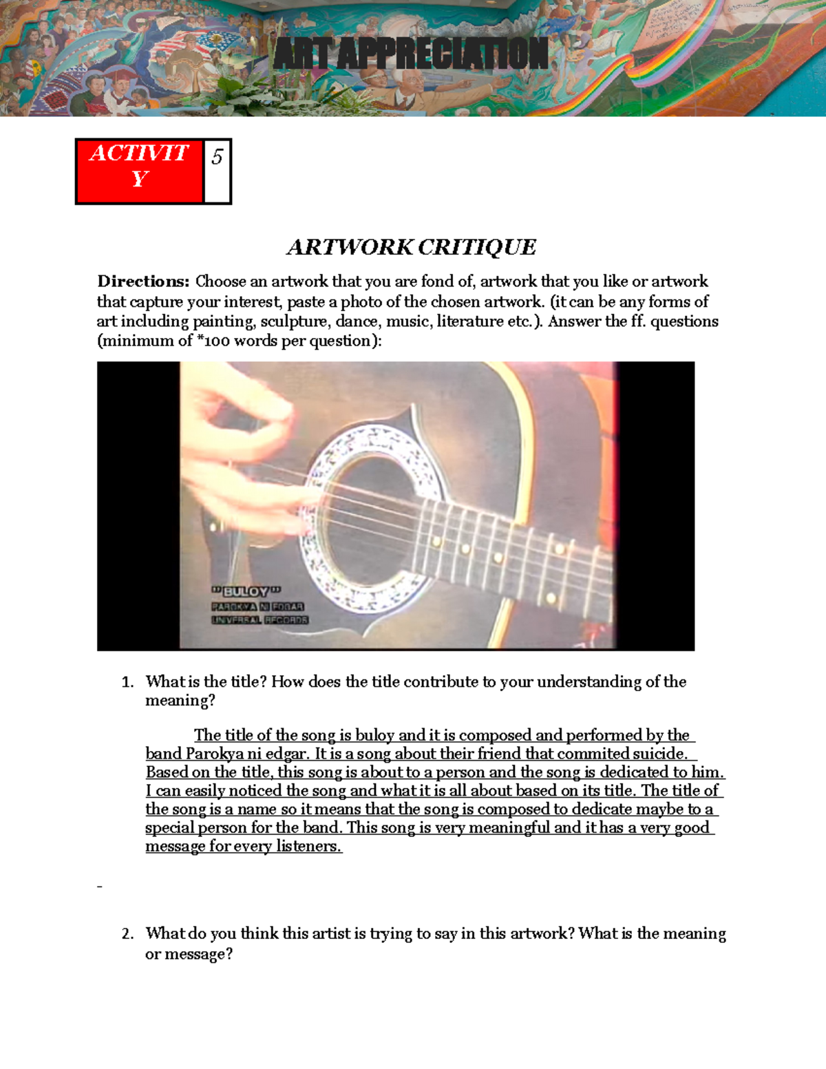 GED 108 Artwork Critique: Analysis of "Buloy" by Parokya Ni Edgar - Studocu