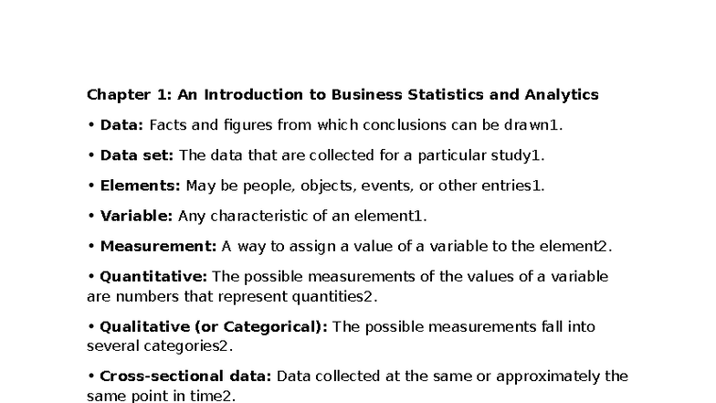 Chapter 1: Intro to Business Stats & Analytics Definitions (214) - Studocu