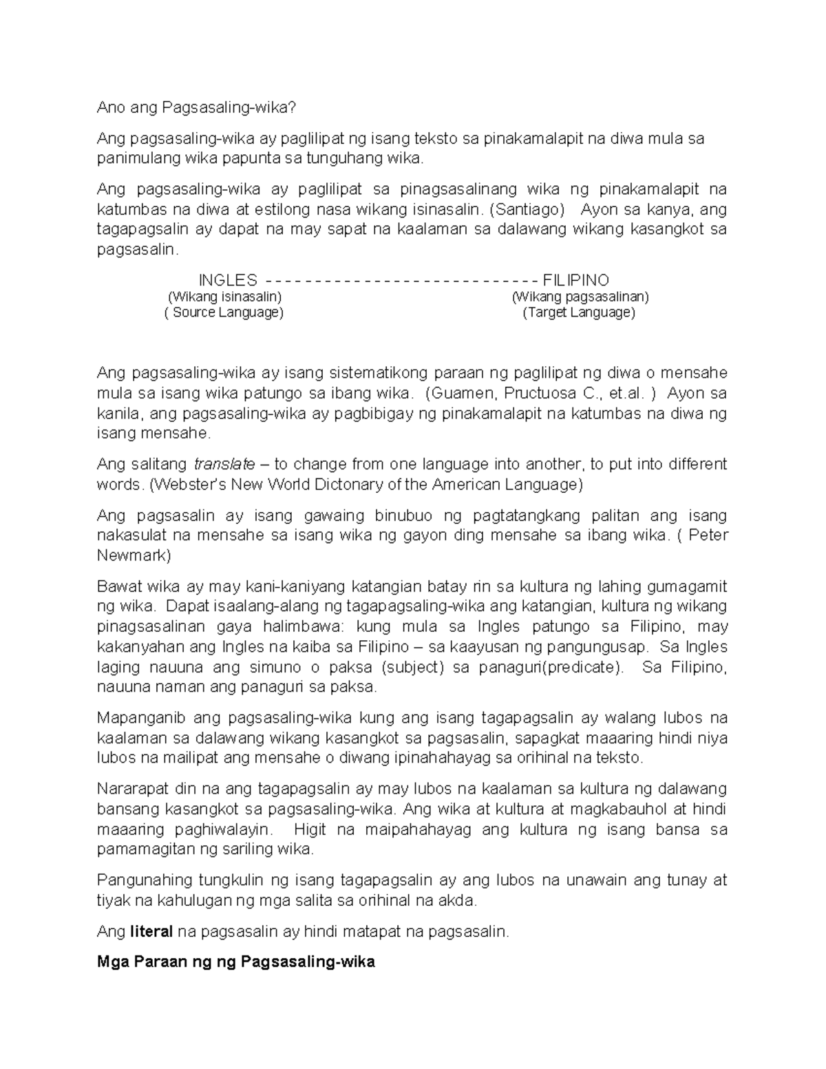 Pagsasaling-wika: Mahahalagang Konsepto at Teknik para sa K-12 - Studocu