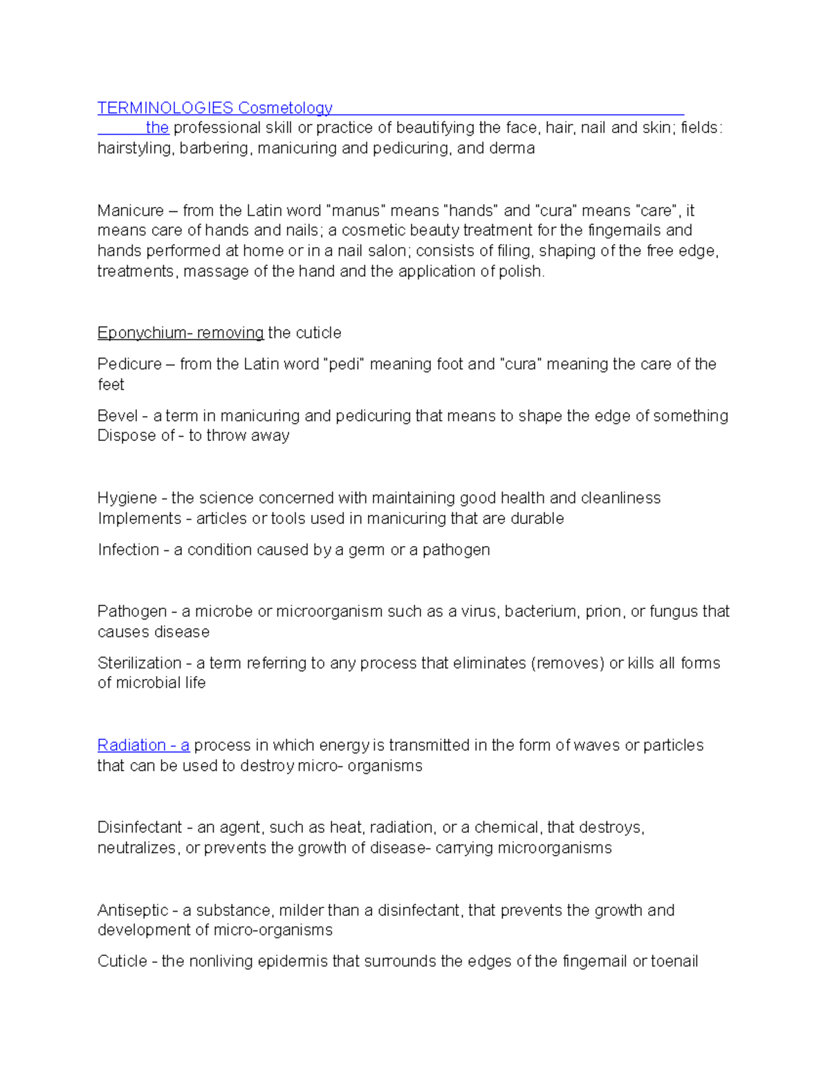 TLE Cosmetology - Lecture Notes on Manicuring and Pedicuring Terms ...