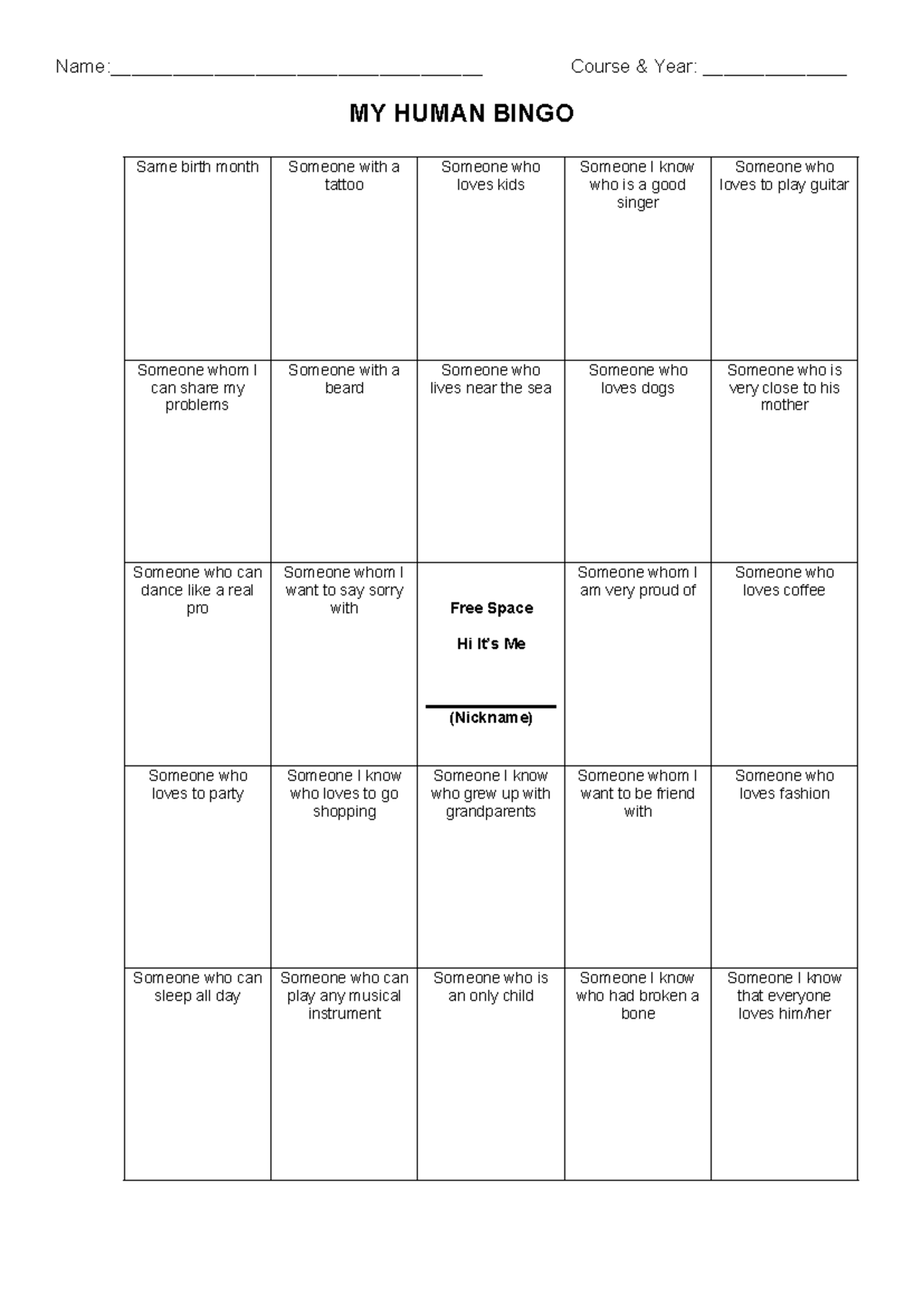 Human Bingo - ACTIVITY - Name ...