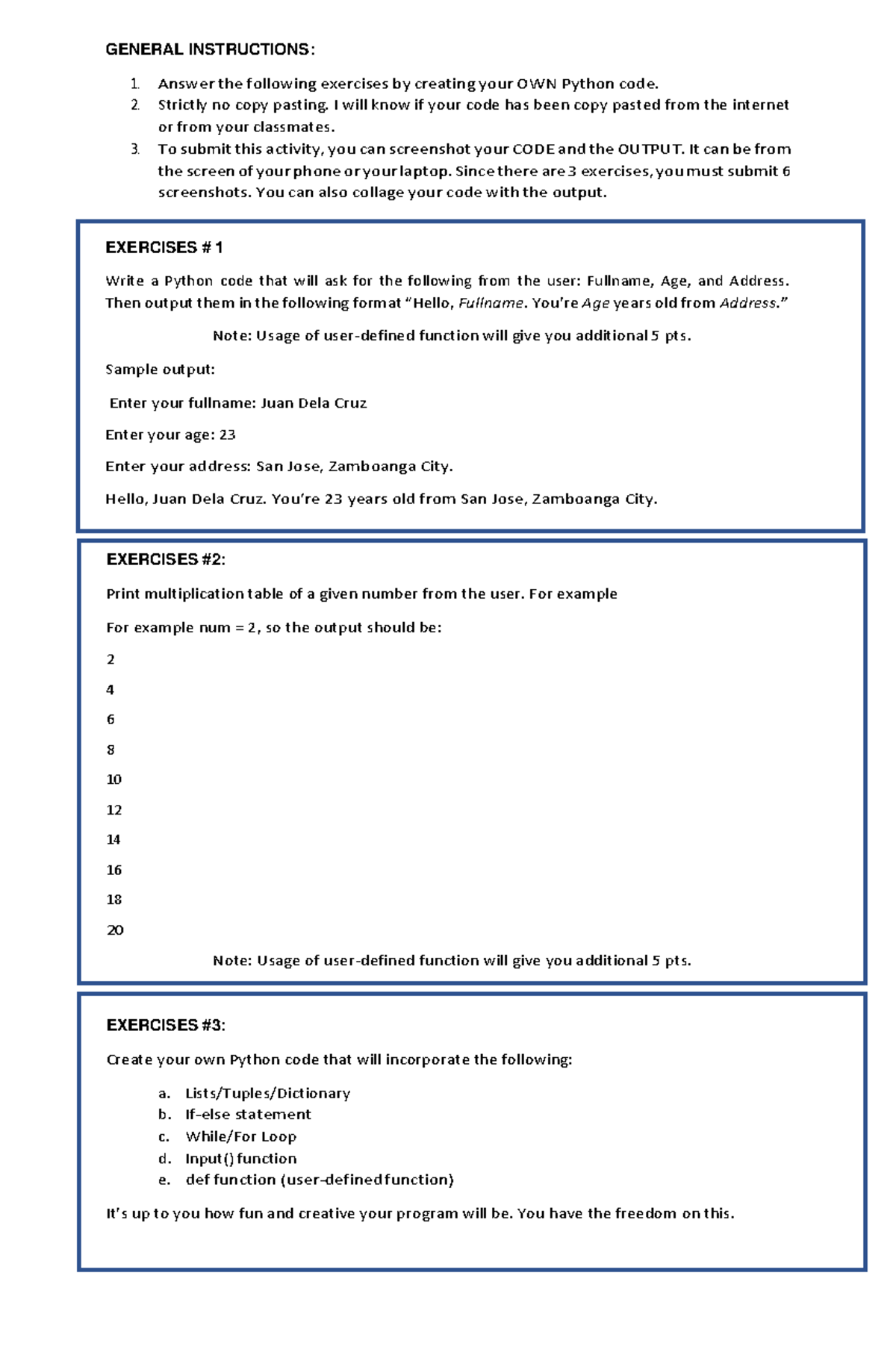 Activity 1: Python Code Exercises for User Input & Functions - Studocu