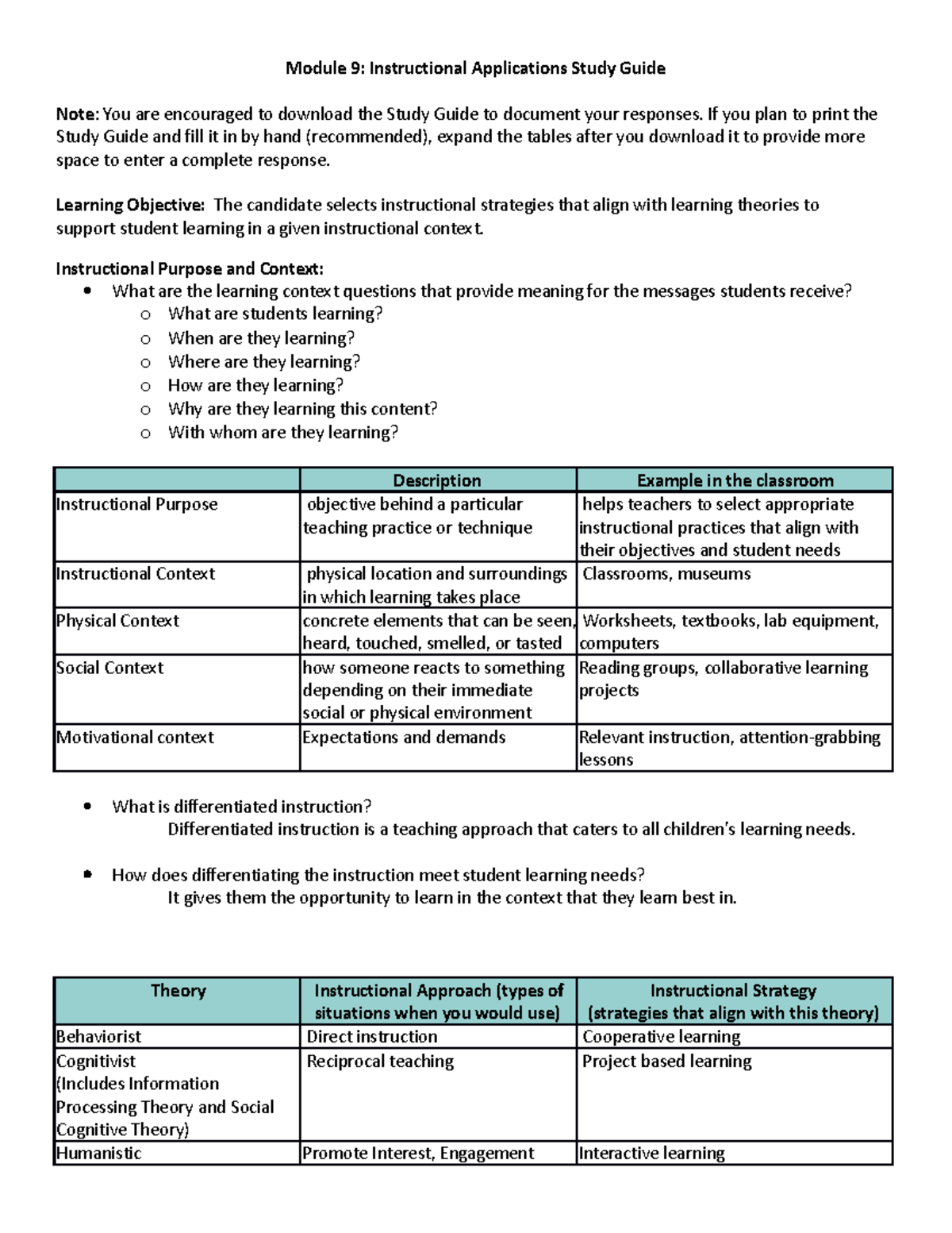 Module 9 Study Guide - Module 9: Instructional Applications Study Guide ...