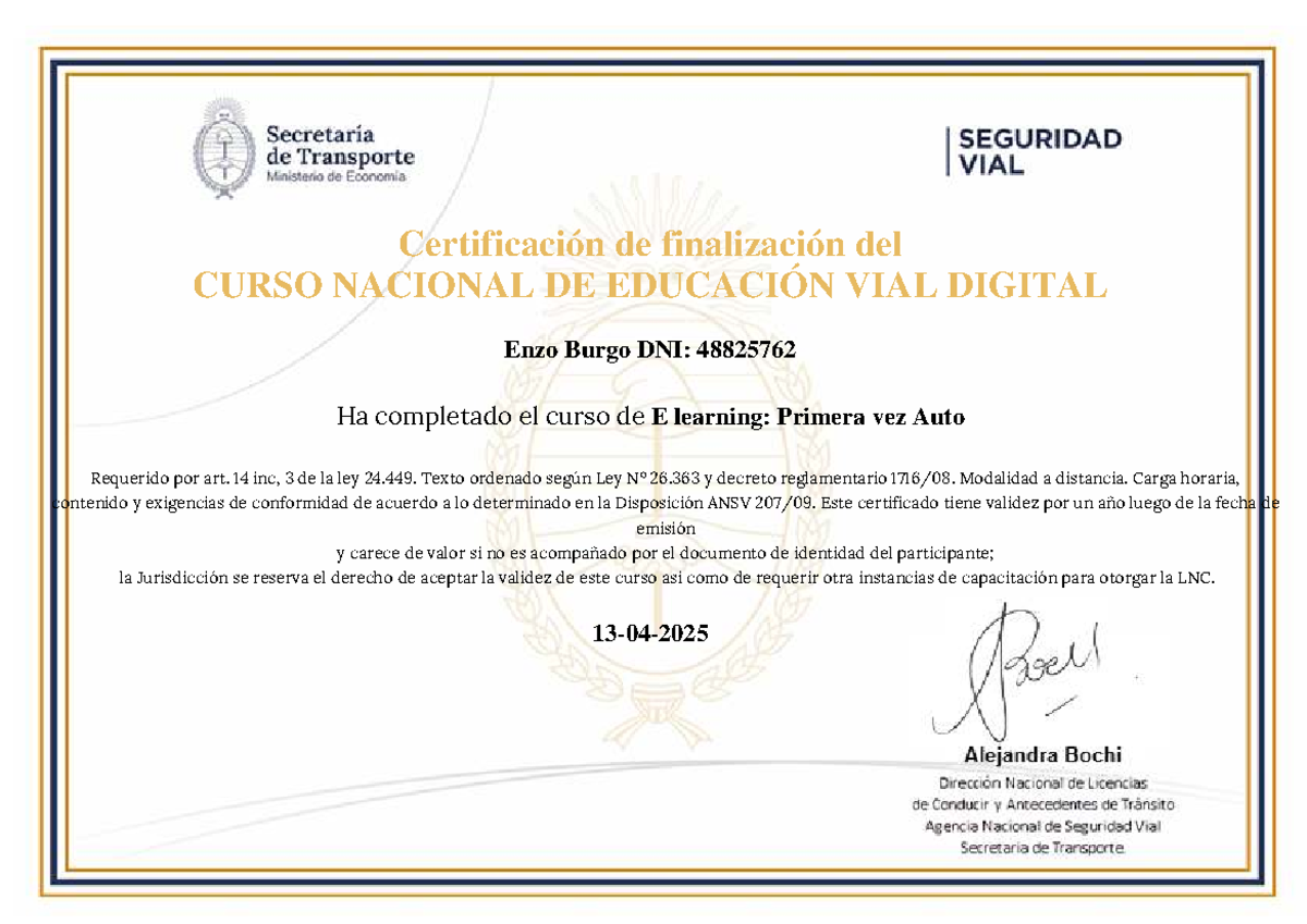 Certificado de Finalización del Curso Nacional de Educación Vial 48825762 - Studocu