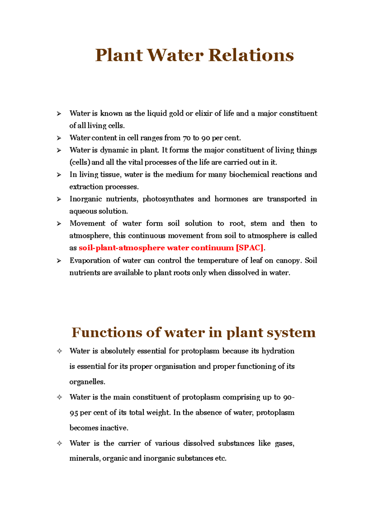 Plant Water Relations - Lecture Notes (Unit 1) on Functions & Diffusion ...