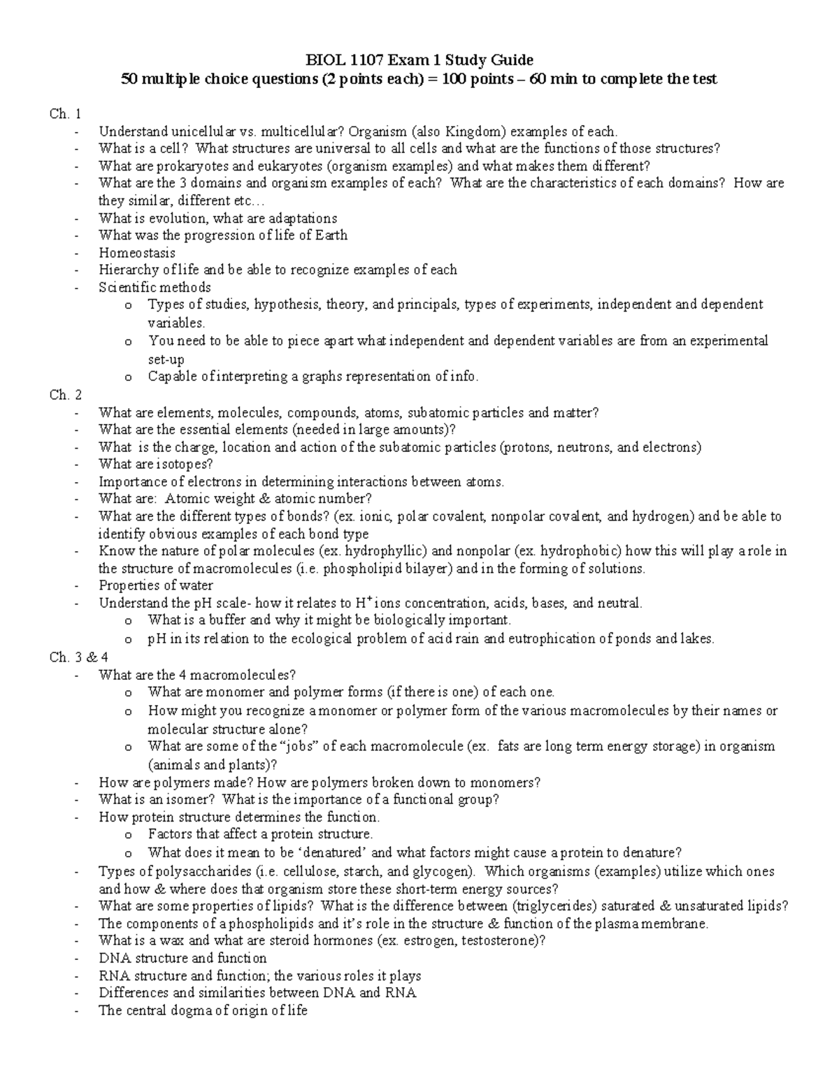 BIOL 1107 Exam 1 Study Guide - Studocu