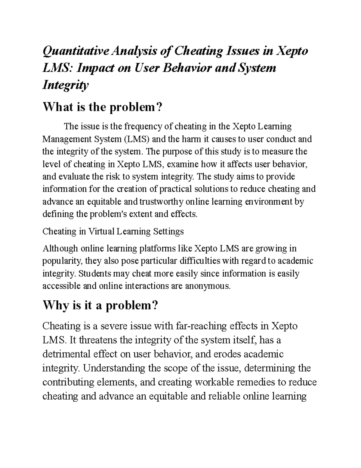 Quantitative Study of Cheating in Xepto LMS: Analyzing Impact and Solutions - Studocu