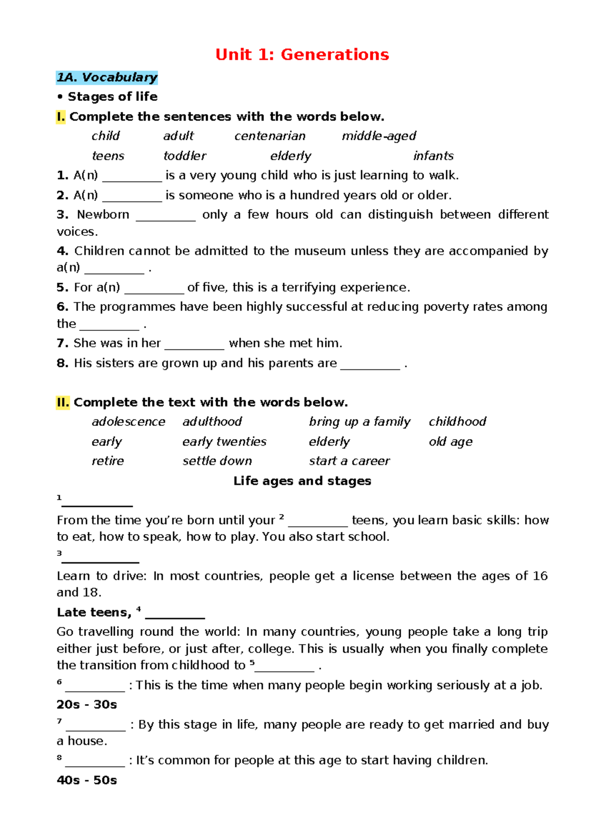 Unit 1: Generations 1A. Vocabulary and Exercises on Life Stages - Studocu