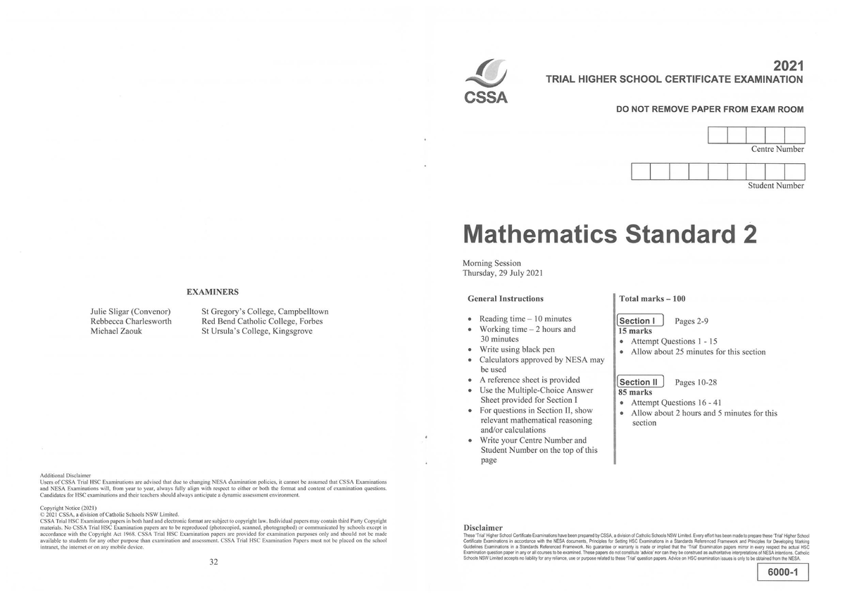 CSSA Trial HSC Mathematics Standard 2 Exam Paper 2021 - Studocu