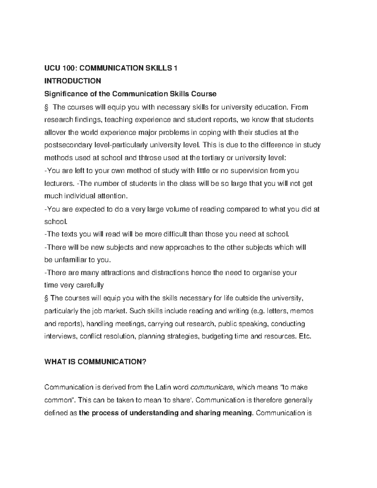 UCU 100: Communication Skills Course Overview and Study Guide - Studocu