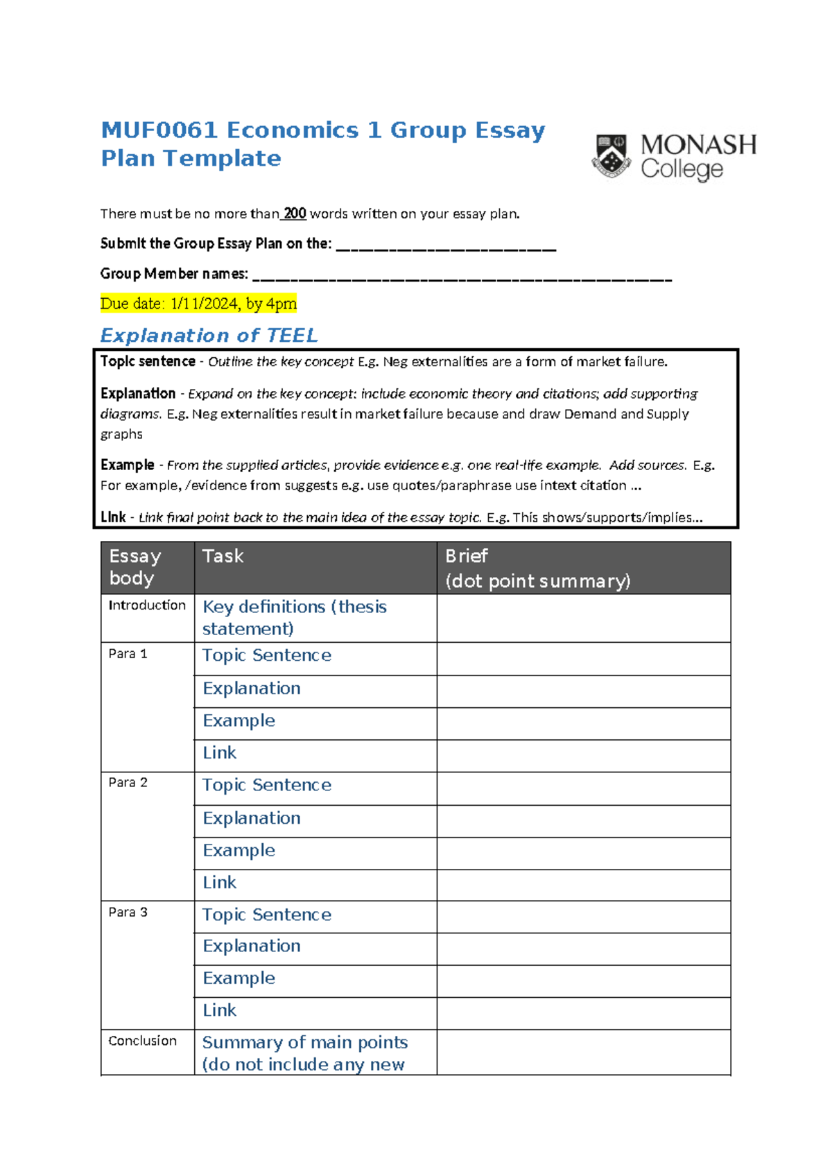 Group Essay Outline Plan Template - MUF0061 Economics 1 Group Essay ...