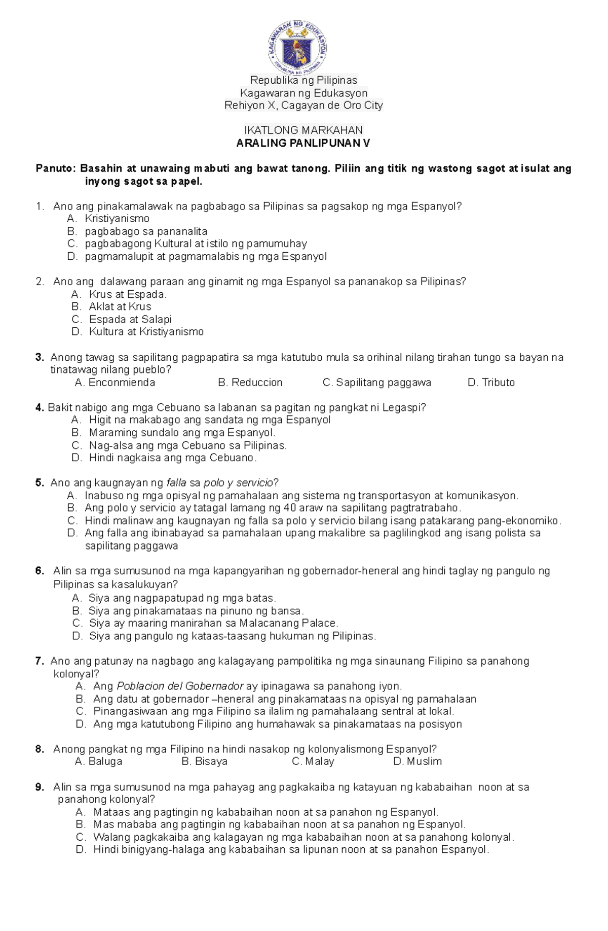 AP Grade 5 - Ikatlong Markahan Araling Panlipunan Exam - Studocu