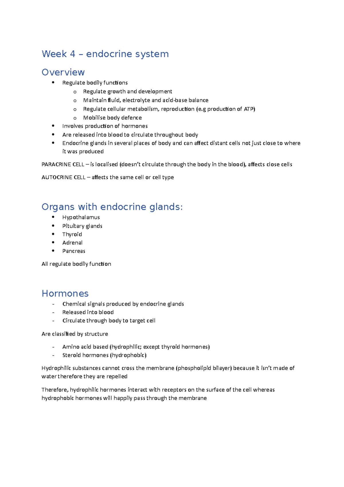 Wk 4 emodule endocrine - Lecture notes week 4 - Week 4 – endocrine ...