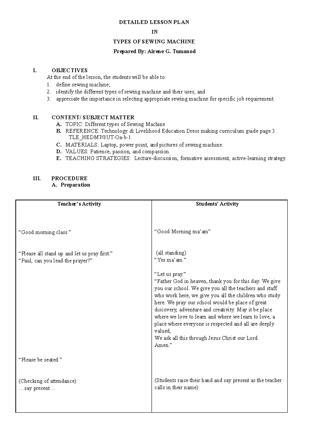 TLE_HEDM7/8UT-Oa-b: Lesson Plan on Types of Sewing Machines - Studocu