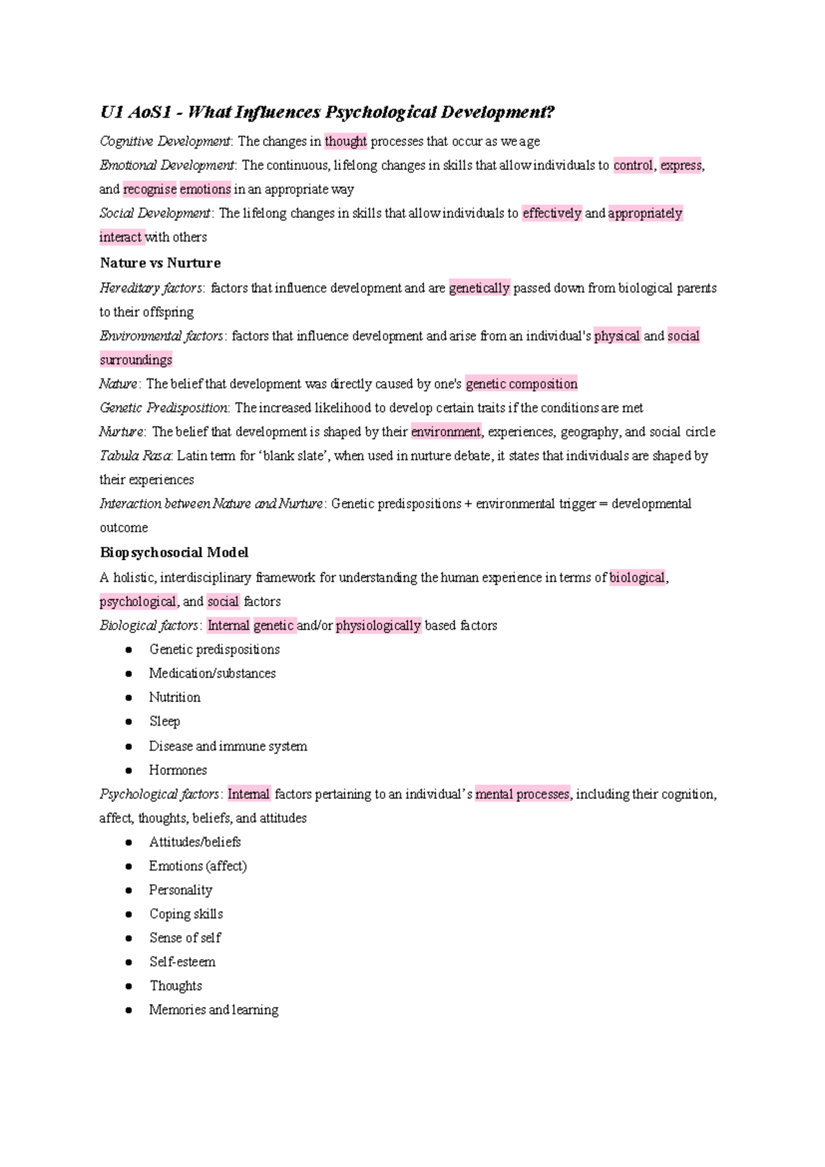 Psychology Terms & Definitions: U1 AoS1 Overview of Developmental ...