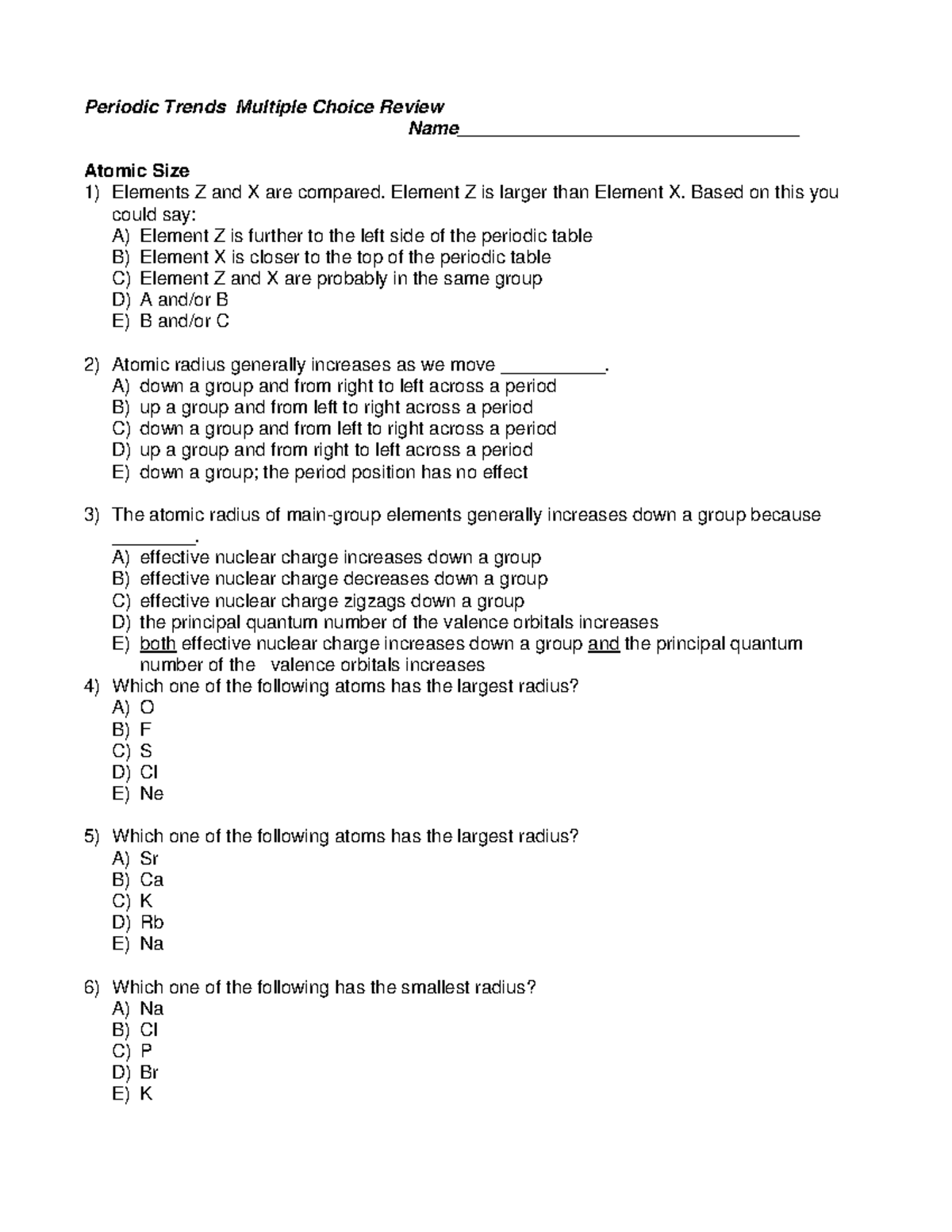 Periodic Trends MC Review - Multiple Choice Questions for PSI Chemistry ...