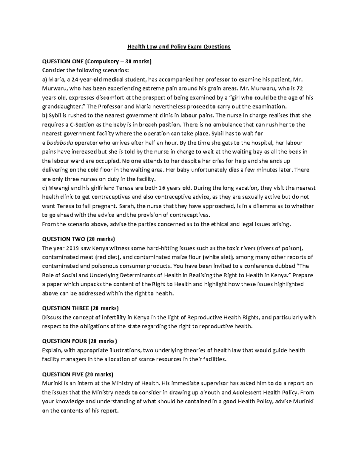 Health Law and Policy Exam Questions: Ethical and Legal Dilemmas - Studocu
