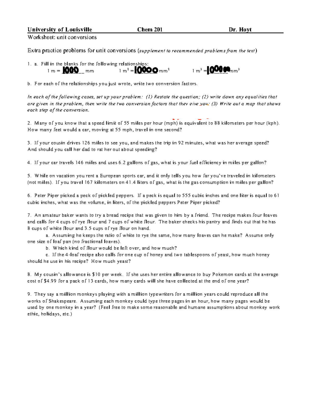 Chem 201 Unit Conversions Practice Worksheet - Extra Problems - Studocu