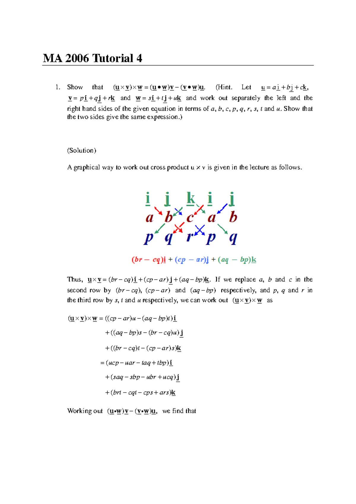 MA2006 Tutorial 4: Cross Products and Parametric Surfaces Solutions ...