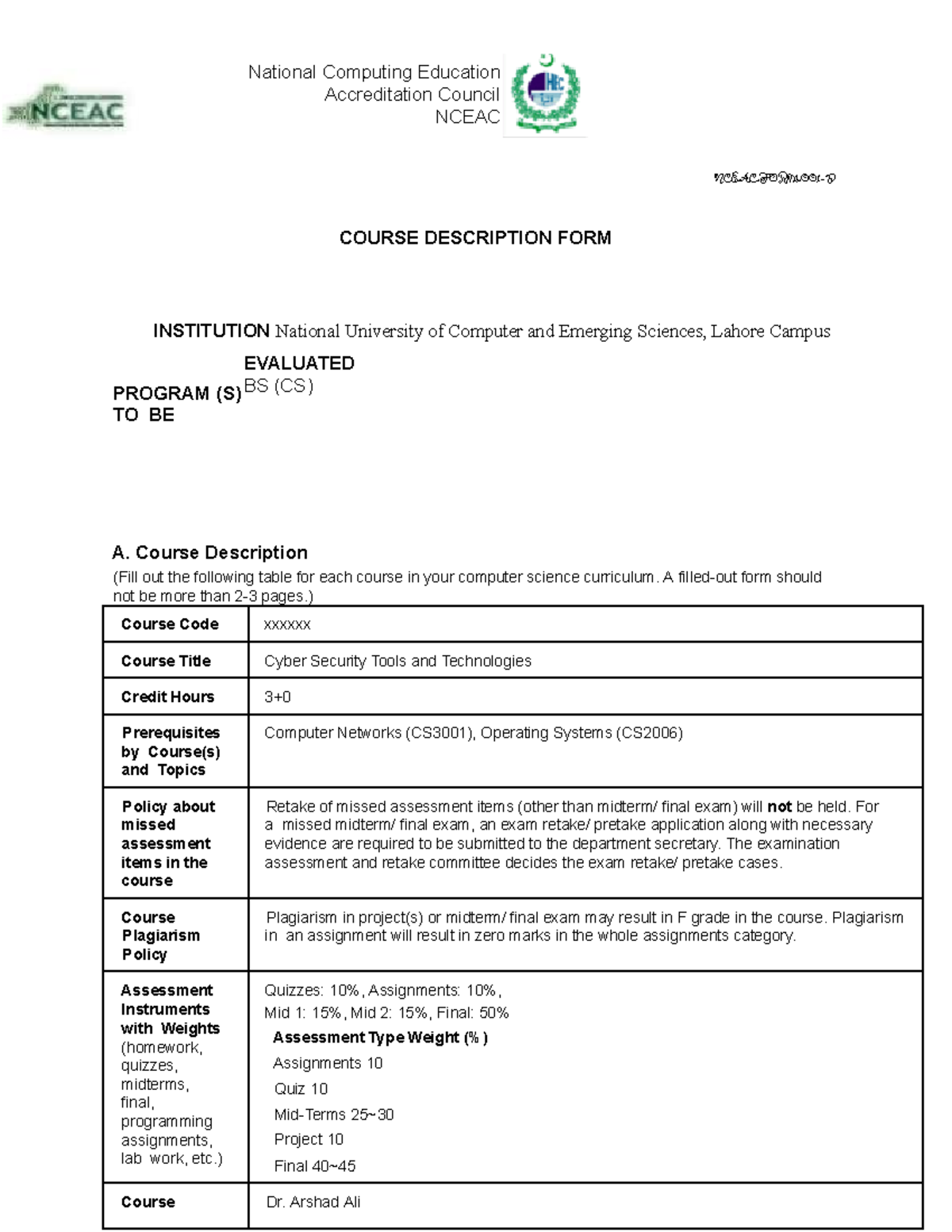 Course Description: Cyber Security Tools and Technologies (CS3001 ...