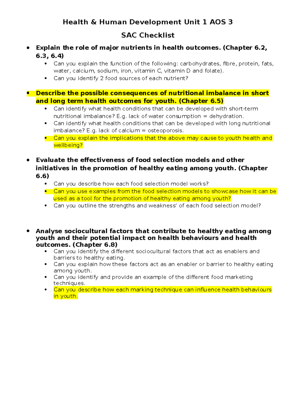 Health Human Development AOS 3 SAC Checklist: Nutrients & Youth Health ...