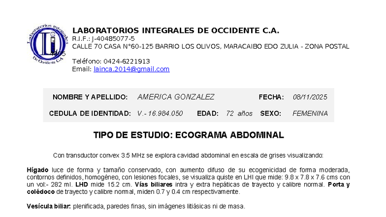 ECOGRAMA ABDOMINAL - AMERICA GONZALEZ - 72 AÑOS - Studocu