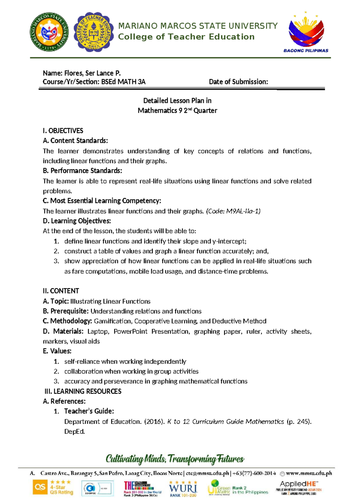 Detailed Lesson Plan in Mathematics 9 (BSEd MATH 3A) - Studocu