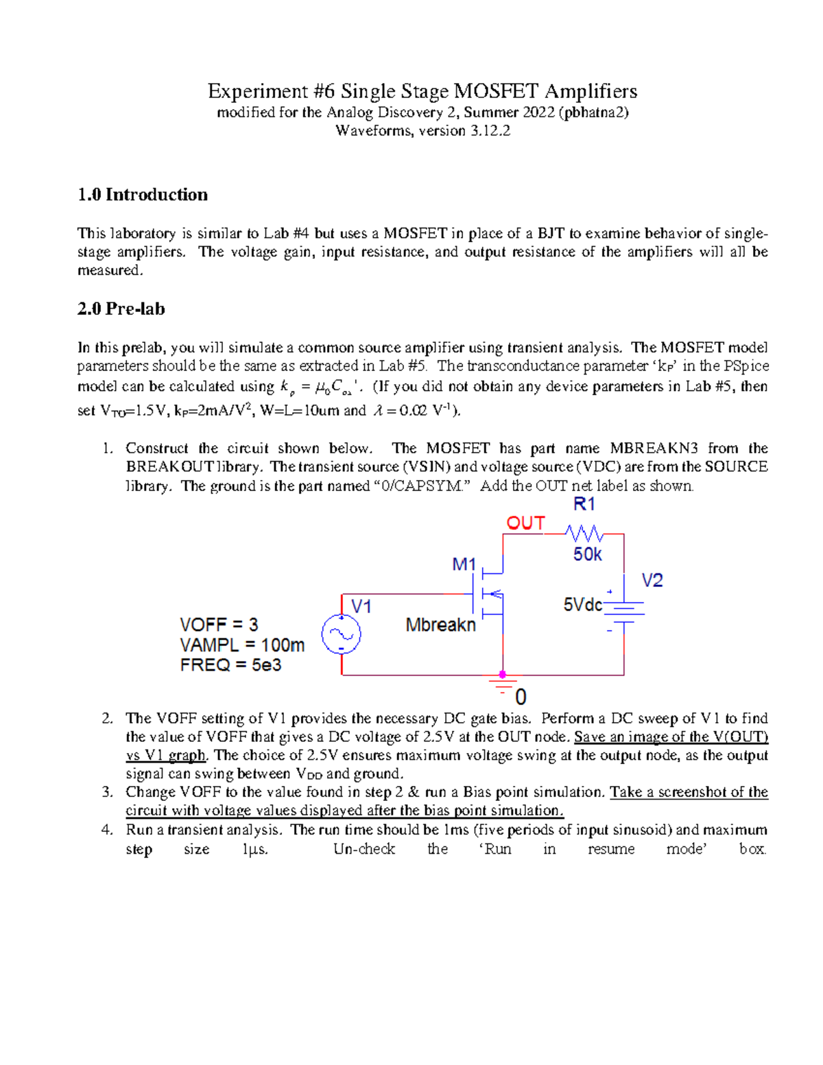 Lab 6: Single Stage MOSFET Amplifiers with Analog Discovery 2 (pbhatna2 ...