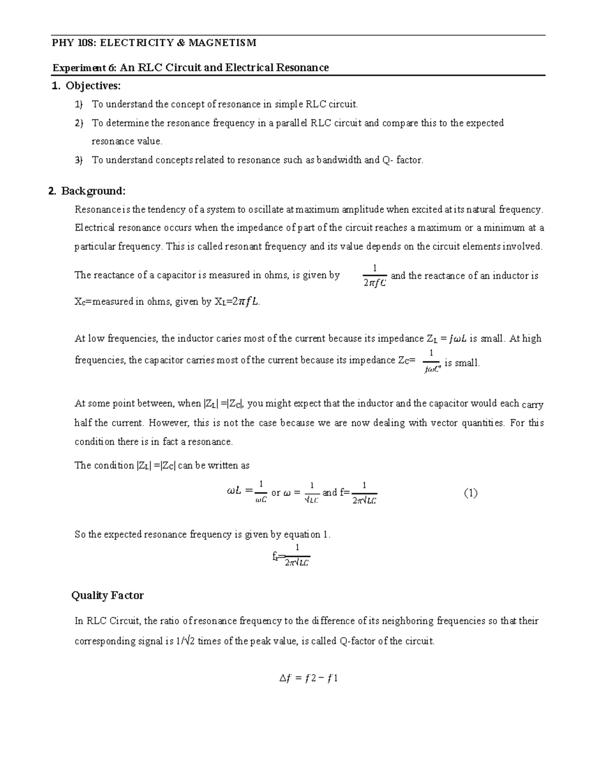 PHY 108L Lab 6 - RLC Circuit & Electrical Resonance Experiment Report ...
