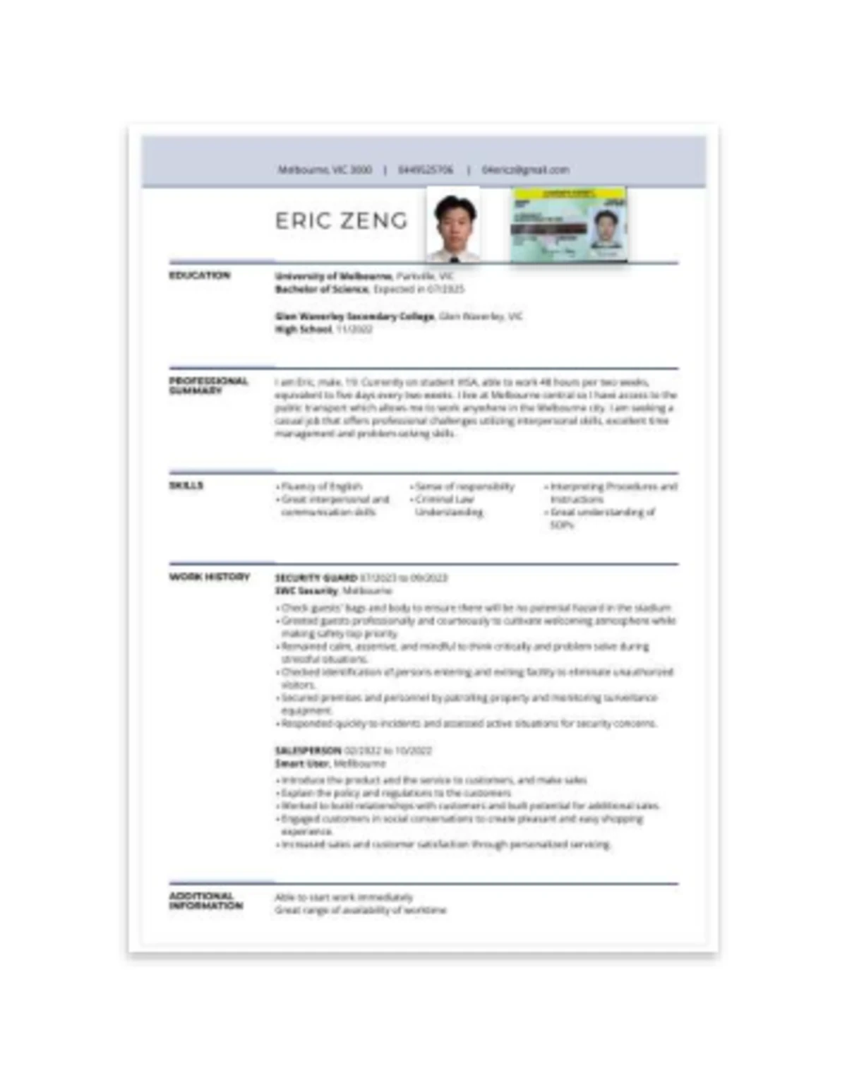Job Application - Eric Zeng - Bachelor of Science - Melbourne, VIC ...