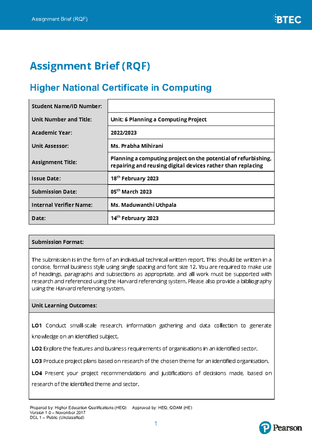 HND B13 Assignment Unit 6 - Planning a Computing Project - Prepared by: Higher Education - Studocu