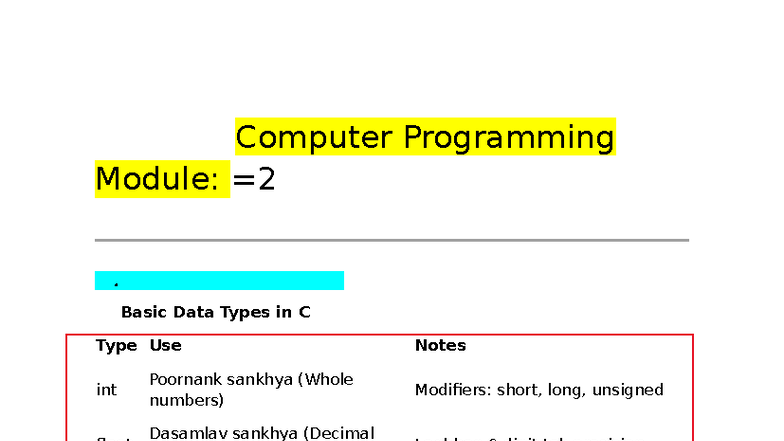 Computer Programming Module 2.1: Data Types and Functions in C - Studocu